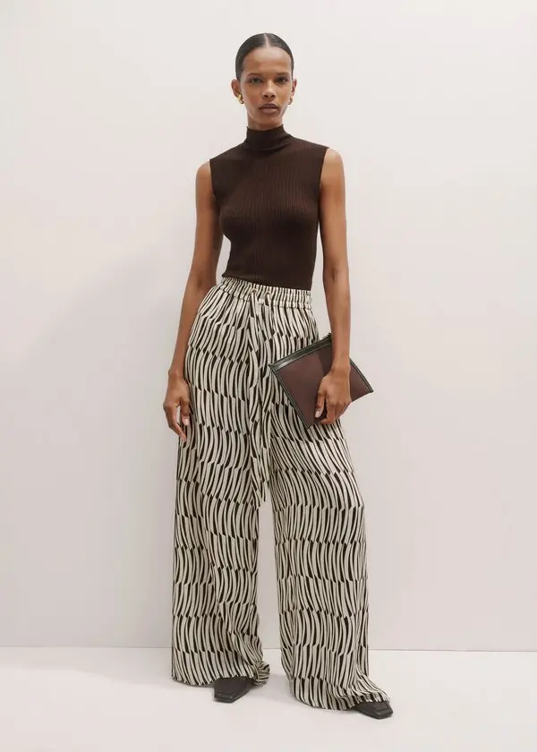 ME+EM Silk Linear Keys Print Wide-leg Trousers