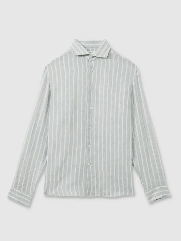 REISS Ruban Linen Striped Long Sleeve Shirt - Green