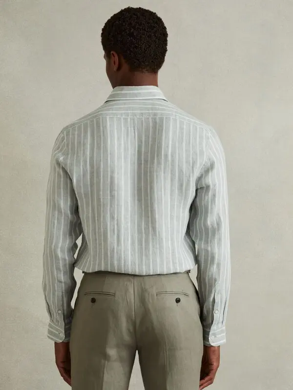 REISS Ruban Linen Striped Long Sleeve Shirt - Green