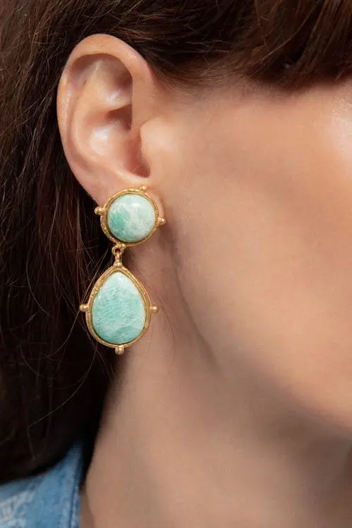 Sylvia Toledano 2 Pierres Dots" Gold Plated Brass Drop Earrings With - Amazonite