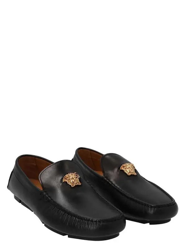 Black slip-on Versace loafers with gold Medusa head size 39 Medusa Leather Loafers | VERSACE US main image 3