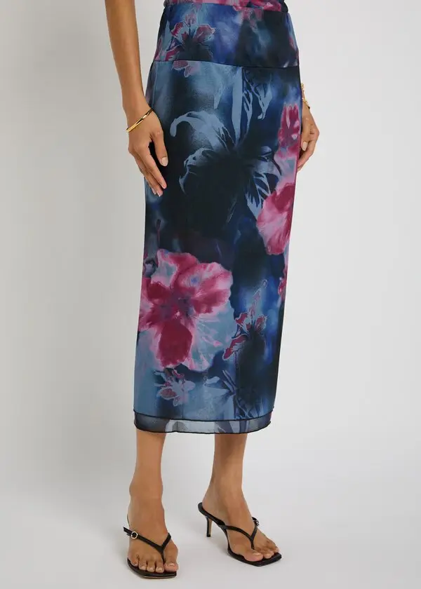 Free People Floral-print Chiffon Midi Skirt - Navy
