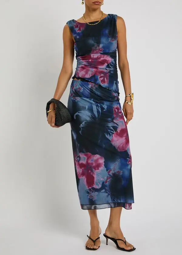 Free People Floral-print Chiffon Midi Skirt - Navy