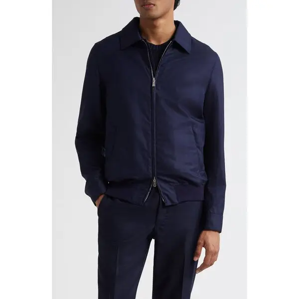 Thom Sweeney Spread Collar Wool Twill Bomber Jacket - Navy