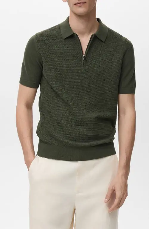 Mango Openwork Knit Quarter Zip Polo - Khaki Green