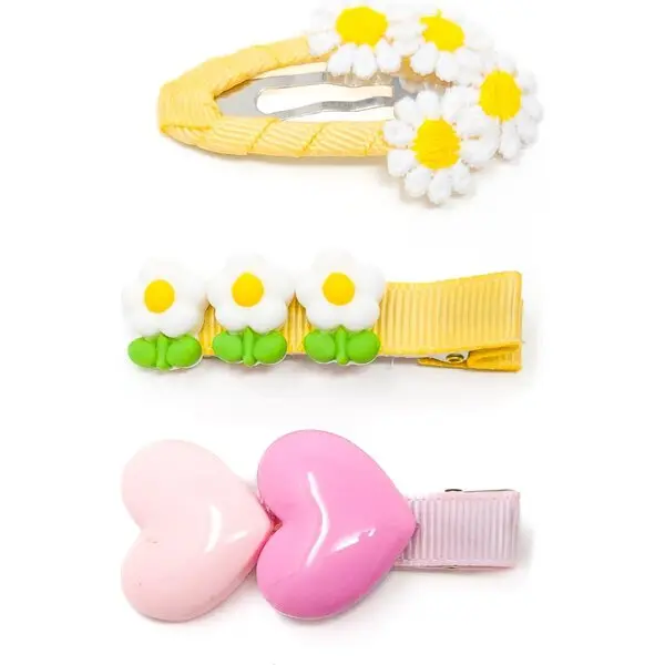 PUTTISU 3-piece Hair Clip Set With Heart And Daisy Charm - Daisy Lemon Pop