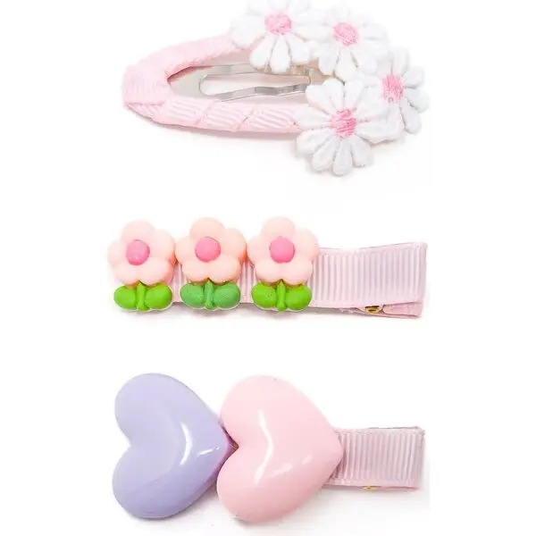 PUTTISU 3-piece Hair Clip Set With Heart And Daisy Charm - Strawberry Sugar Bloom