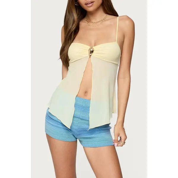 EDIKTED Sheer Mesh Split Front Top - Yellow