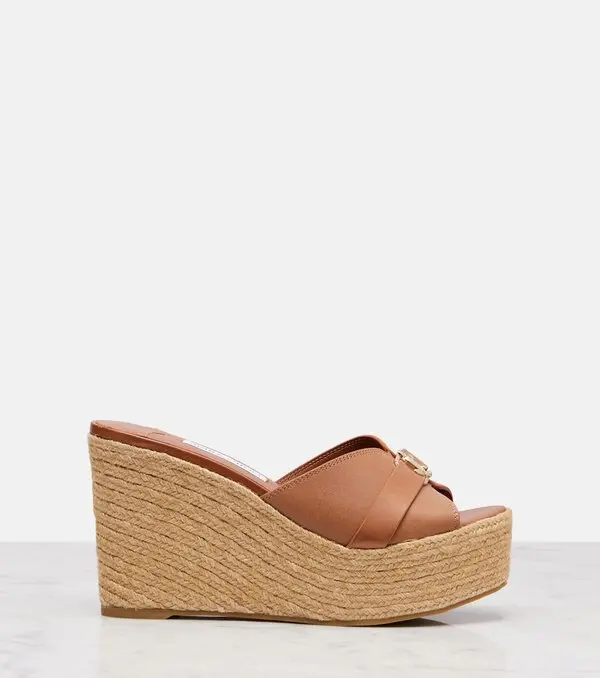 JIMMY CHOO Leda 100 Leather Platform Wedge Sandals - Brown