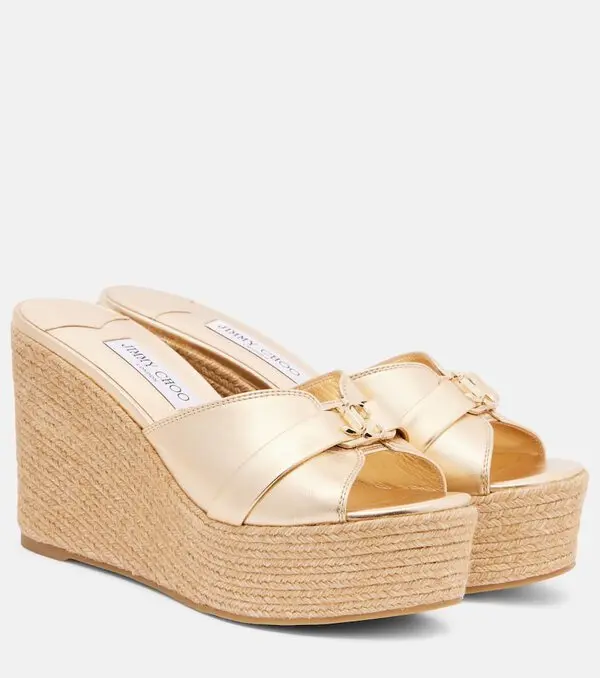 JIMMY CHOO Leda 100 Leather Platform Wedge Sandals - Gold