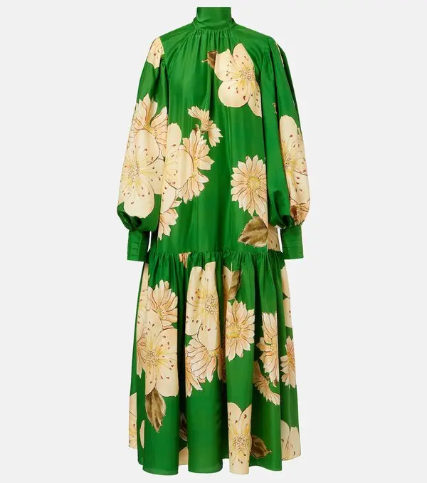 ALEMAIS Sage Floral Silk Midi Dress