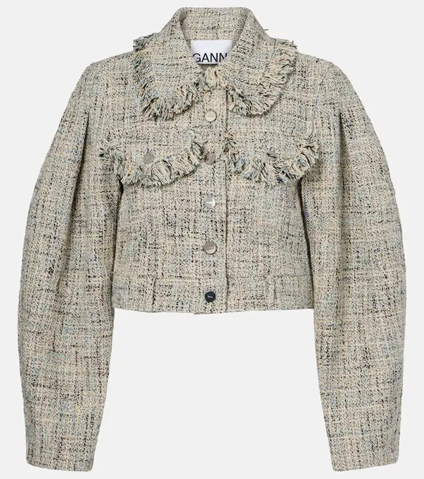 GANNI Cropped Cotton Tweed Jacket - Blue