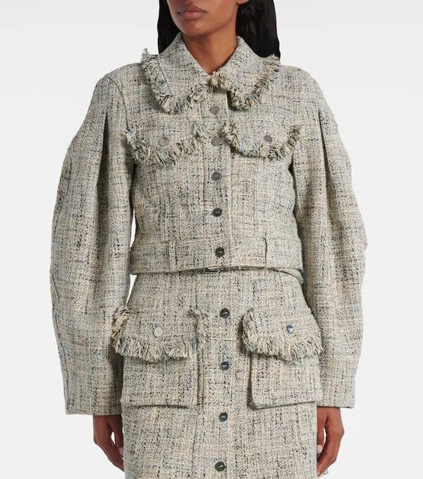 GANNI Cropped Cotton Tweed Jacket - Blue