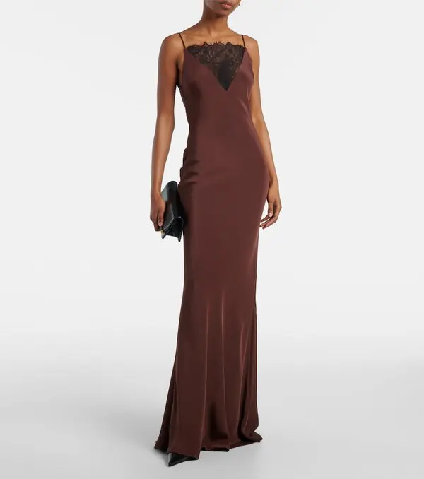 Roland Mouret Lace-trimmed Silk Satin Gown - Brown