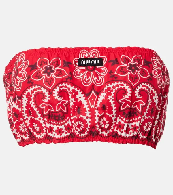 Miu Miu Printed Cotton And Linen Poplin Bandeau Top - Red