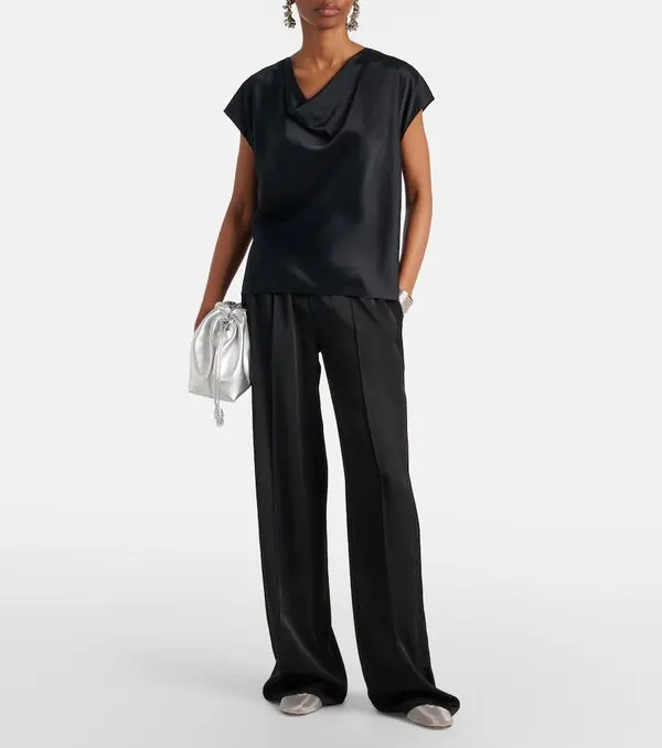 Vince Draped Silk Satin Top - Black