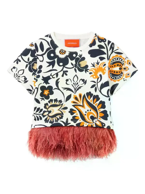 La DoubleJ Floral-print T-shirt With Feather Trim - White