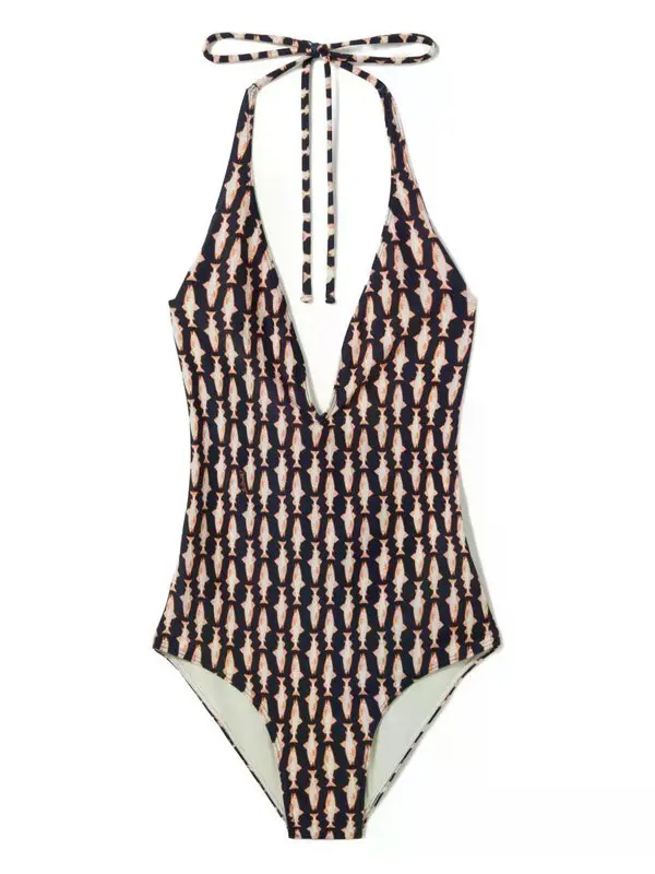 La DoubleJ Fish-print Halterneck Swimsuit - Blue