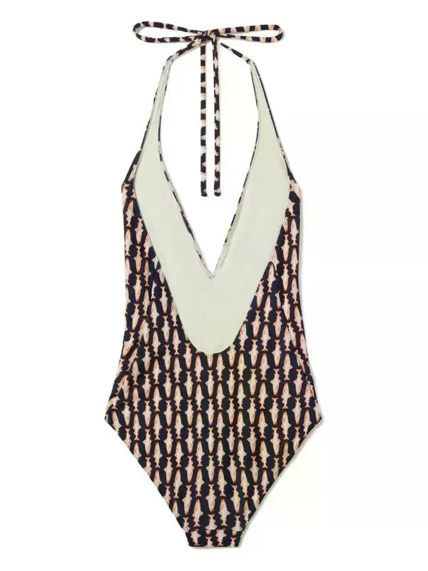 La DoubleJ Fish-print Halterneck Swimsuit - Blue