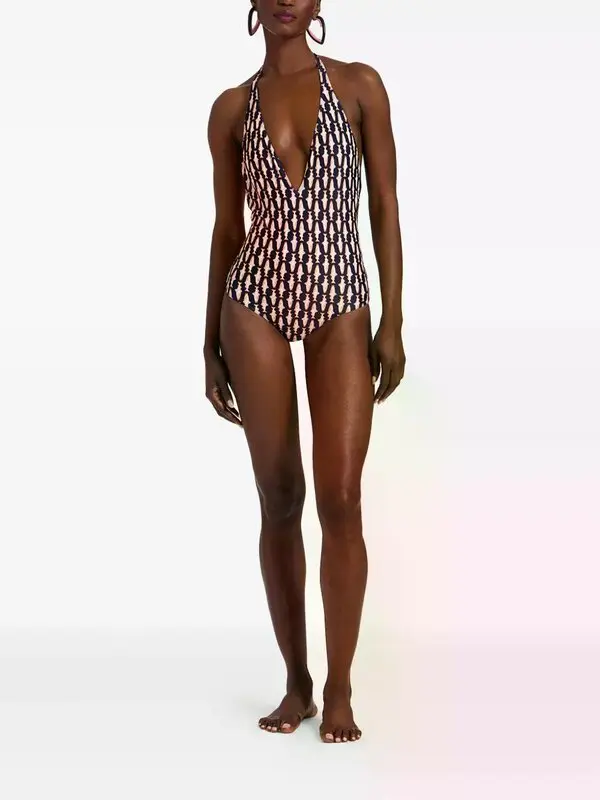 La DoubleJ Fish-print Halterneck Swimsuit - Blue