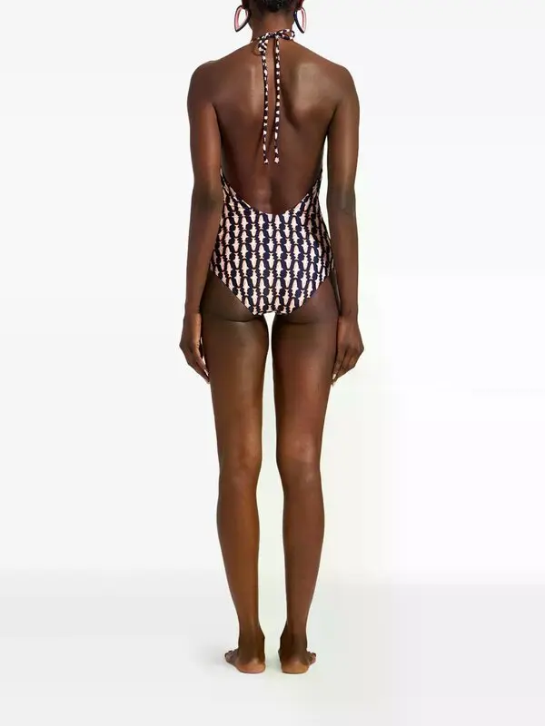 La DoubleJ Fish-print Halterneck Swimsuit - Blue