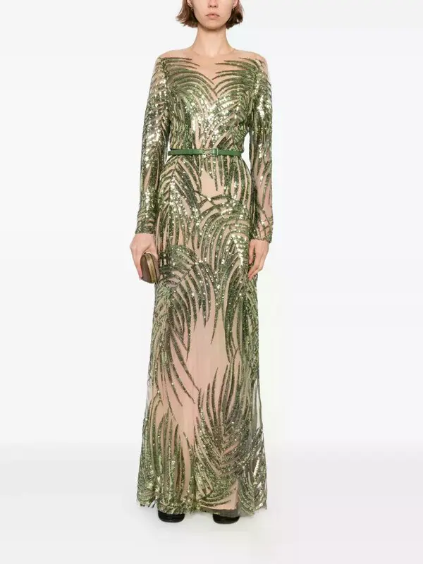 Elie Saab Embroidered Tulle Long Dress In Green - 50% Off | Editorialist