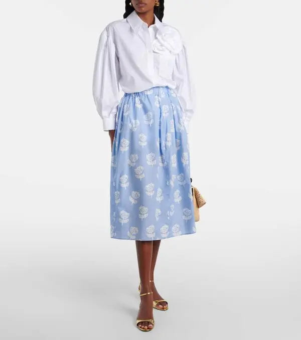 Marni Floral Cotton Poplin Midi Skirt - Blue
