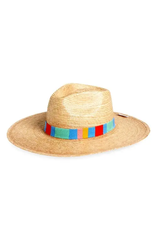 SUNSHINE TIENDA Reyna Palm Straw Wide Brim Hat - Beige/ Blue Multi
