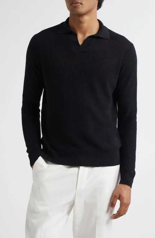 Thom Sweeney Skipper Long Sleeve Linen & Cotton Polo - Black
