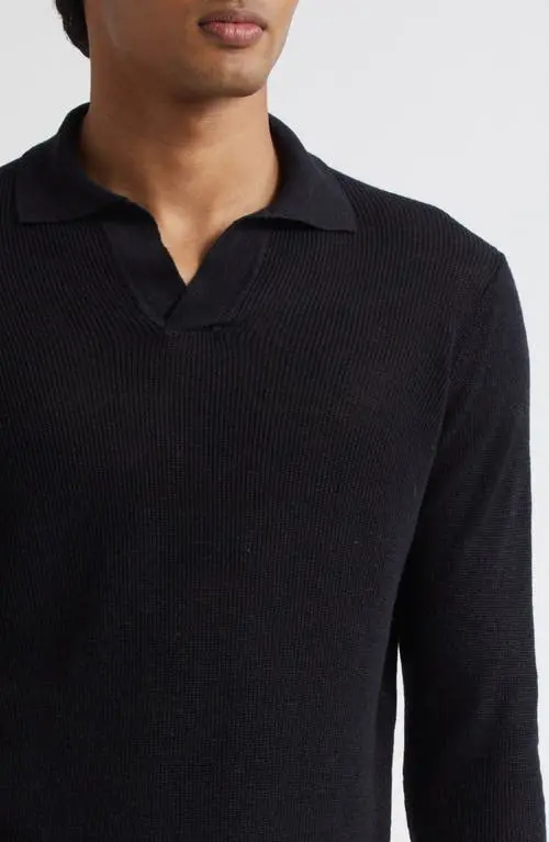 Thom Sweeney Skipper Long Sleeve Linen & Cotton Polo - Black