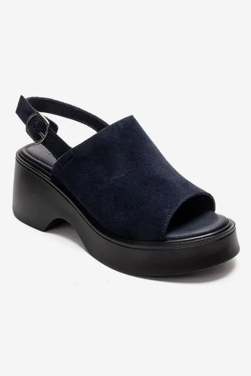 FOREVER & ALWAYS SHOES Power Leather Platform Wedge Sandal - Navy Suede
