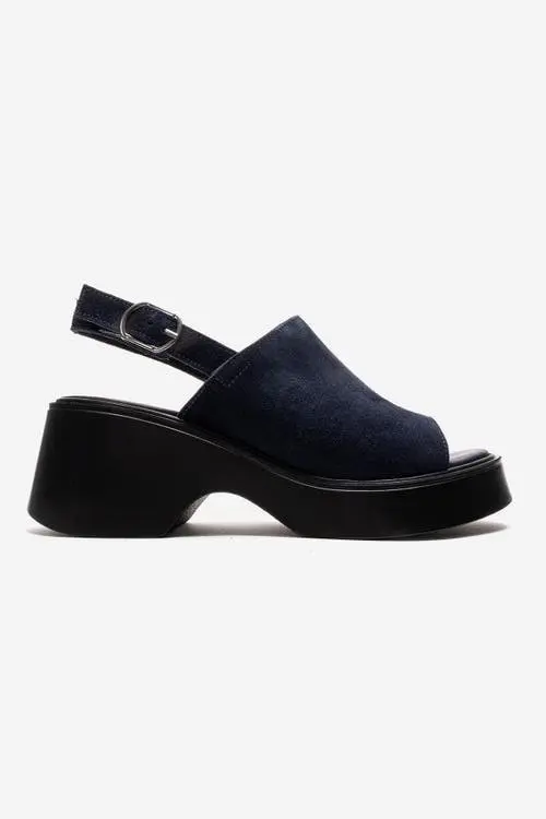 FOREVER & ALWAYS SHOES Power Leather Platform Wedge Sandal - Navy Suede