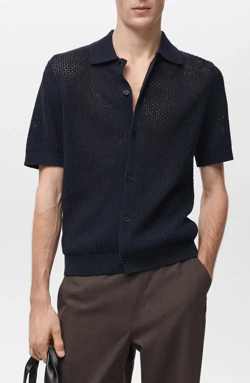 Mango Openwork Short Sleeve Cotton Button-up Shirt - Dark Navy