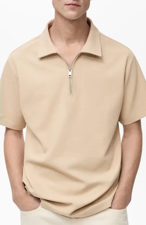 Mango Knit Quarter Zip Polo - Beige