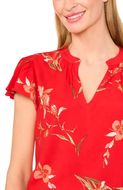 CECE DUPRAZ Floral Flutter Sleeve V-neck Top