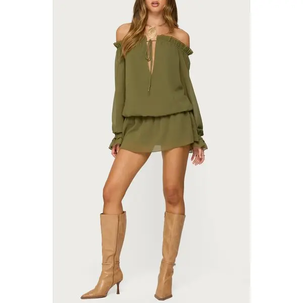 EDIKTED Chiffon Long Sleeve Romper - Olive