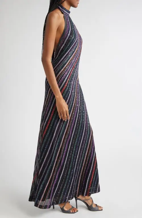 Missoni Sequin Stripe Metallic Knit Halterneck Dress