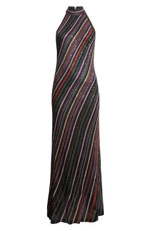 Missoni Sequin Stripe Metallic Knit Halterneck Dress