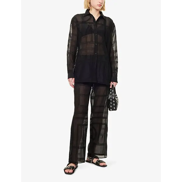 TOTEME Monogram-crochet Wide-leg Cotton And Silk Trousers - Black