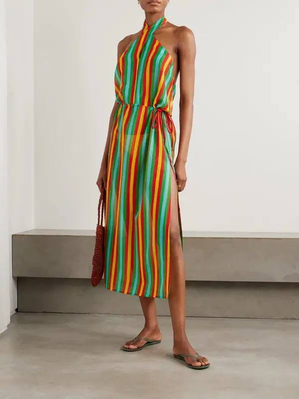 LIDO Striped Cotton And Silk-blend Halterneck Midi Dress