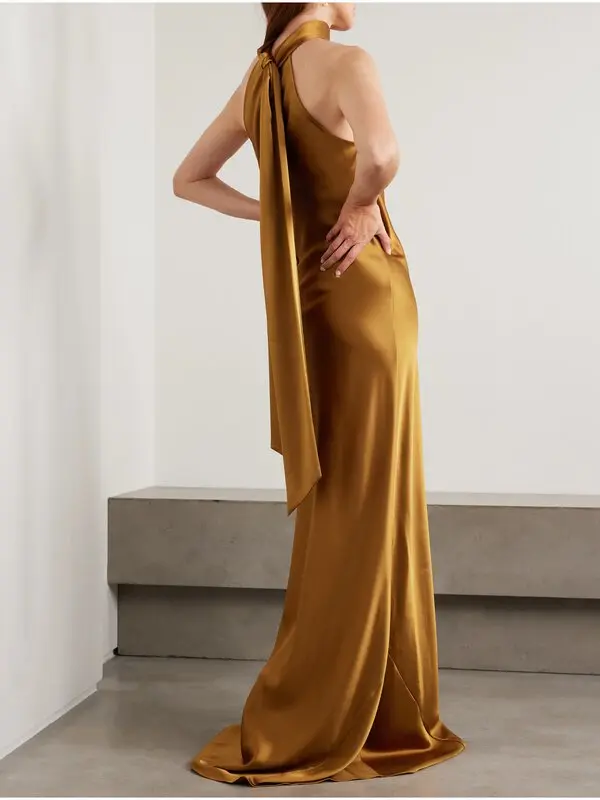 Galvan Sienna Satin Halterneck Gown - Brown