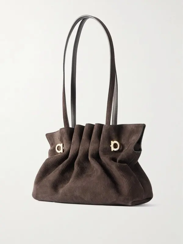 FERRAGAMO Embellished Gathered Ribbed Suede Shoulder Bag - Brown