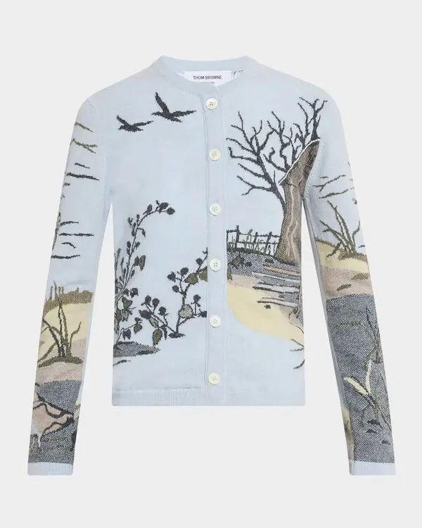 Thom Browne Scenic Intarsia Cashmere Crewneck Cardigan - Light Blu
