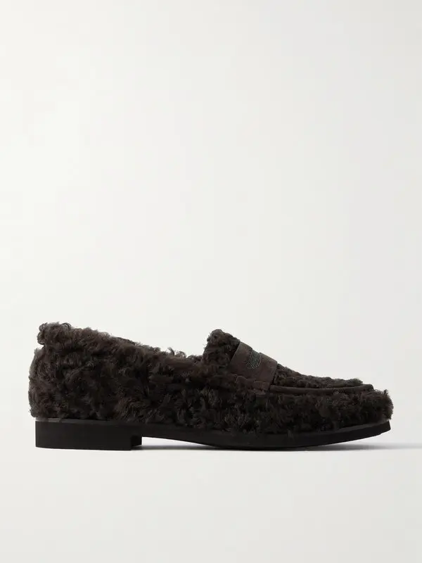 Brunello Cucinelli Bead-embellished Shearling Loafers - Brown