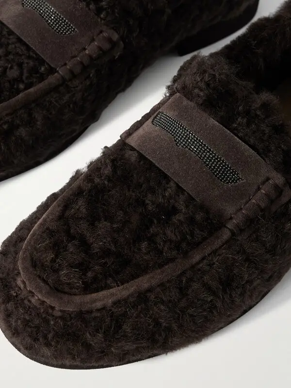 Brunello Cucinelli Bead-embellished Shearling Loafers - Brown