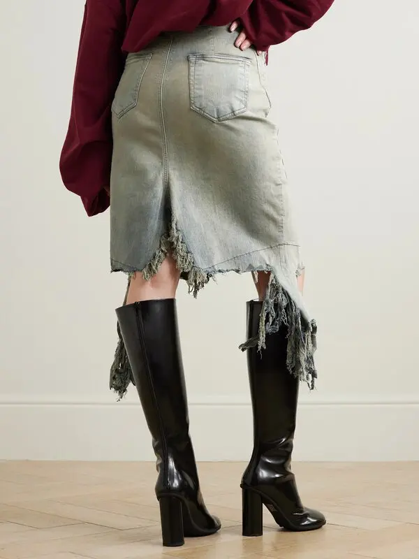 Rick Owens Distressed Denim Midi Skirt