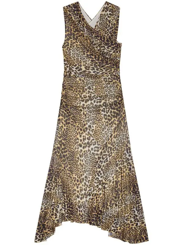 GANNI Leopard Print Midi Dress - Brown