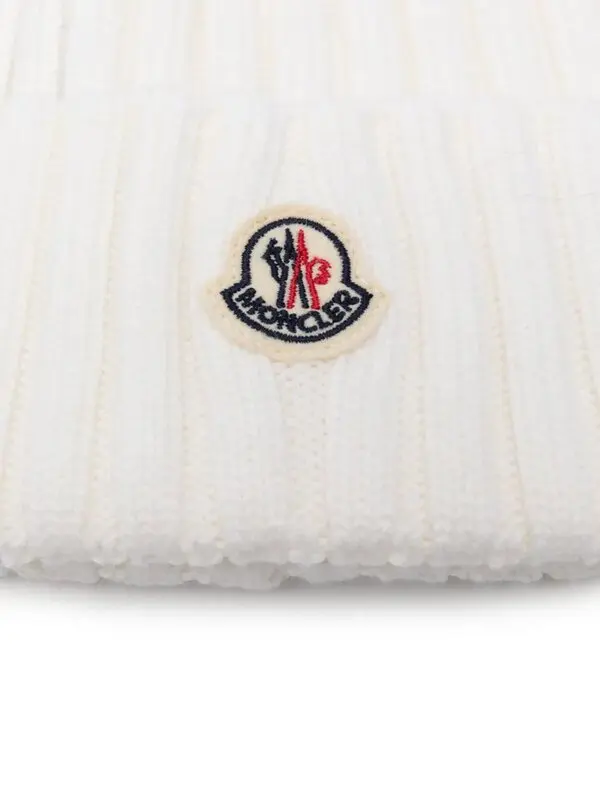 Moncler Ribbed Virgin Wool Hat With Logo - Beige