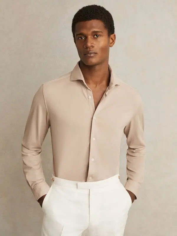 REISS Bobby Modal Blend Cutaway Collar Shirt - Mink