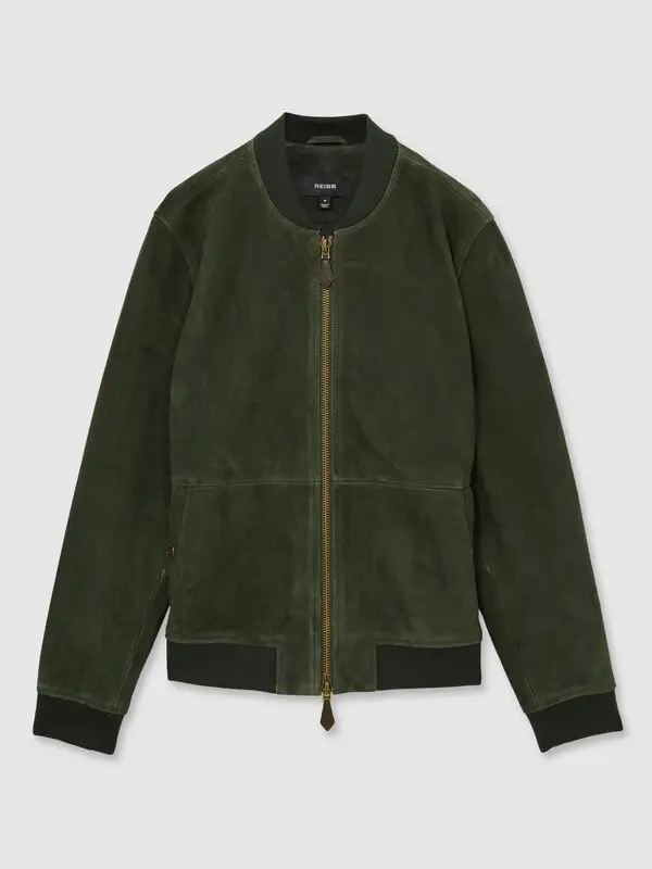 REISS Suede Bomber Jacket - Antique Dark Forest Green